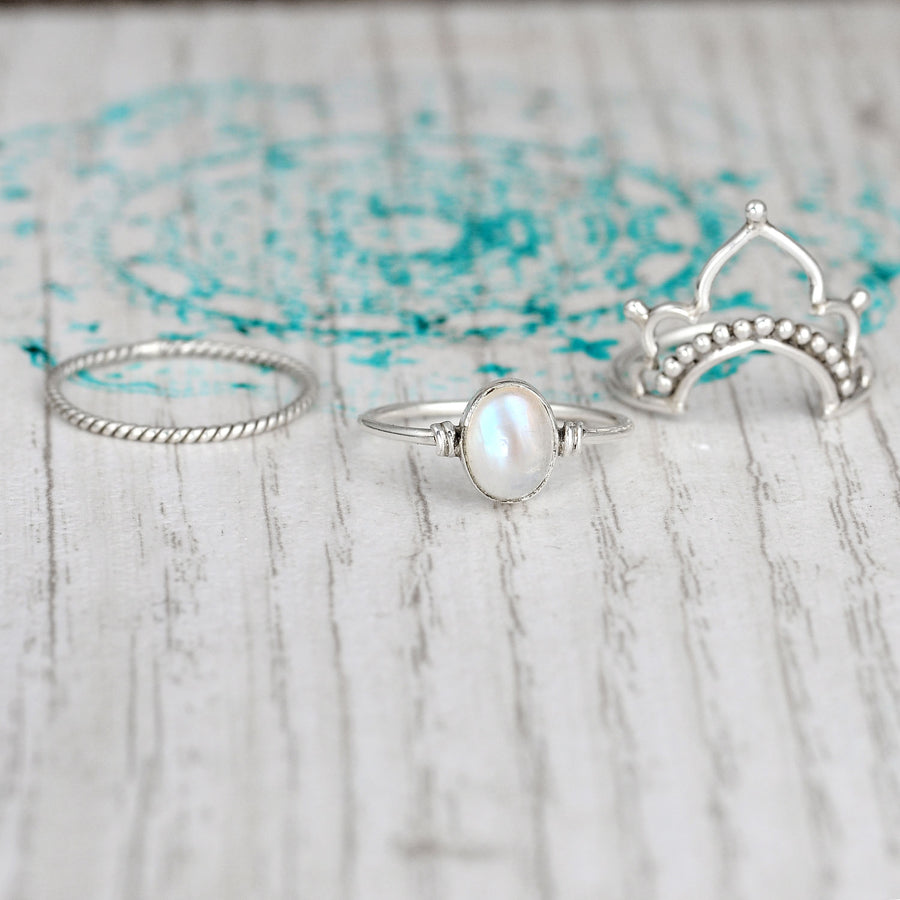 Sterling Silver Boho Ring Set with Rainbow Moonstone – Boho Magic Jewelry