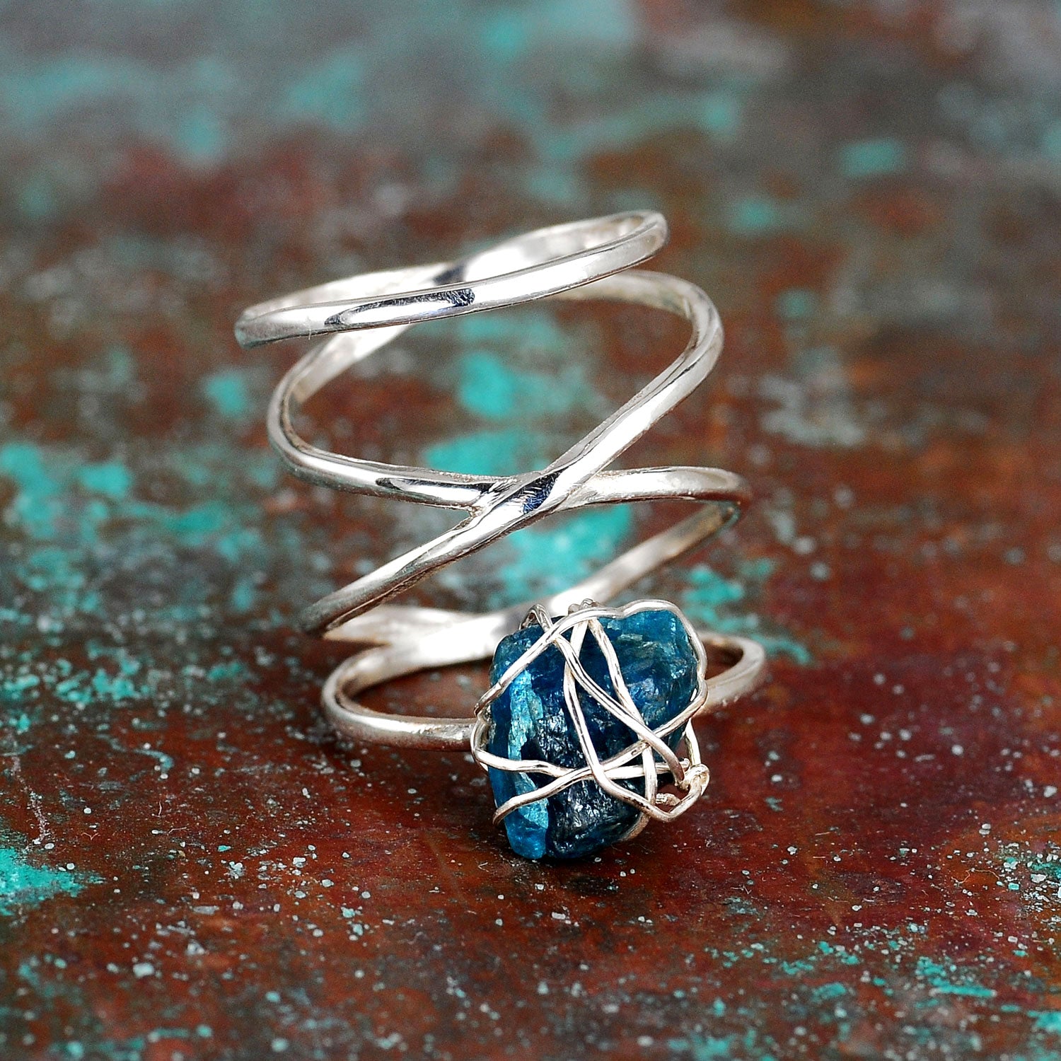 Natural Raw Apatite Wire Wrapped Ring Sterling Silver 10