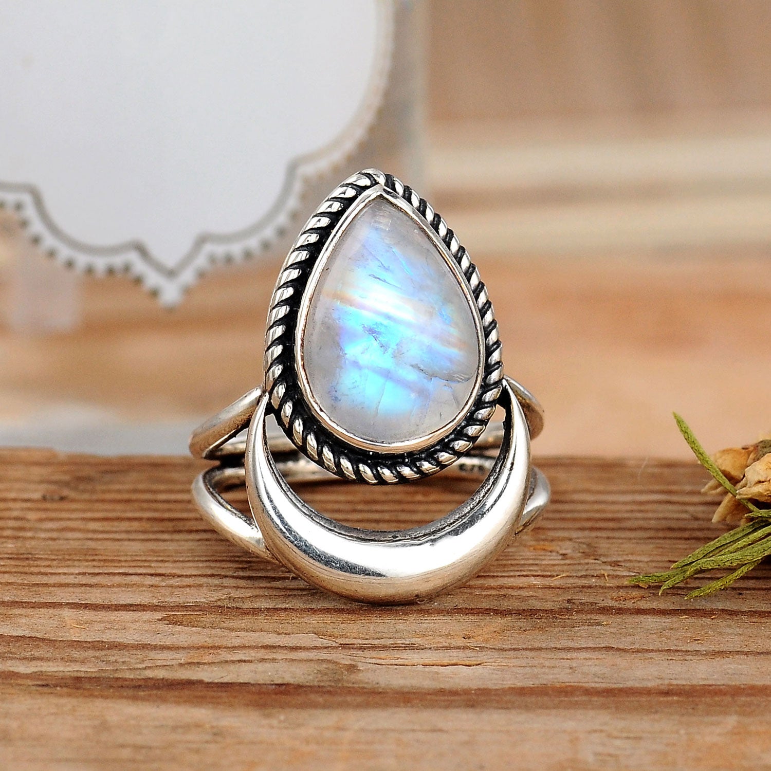 Sterling Silver Crescent Moon Moonstone Ring – Boho Magic Jewelry